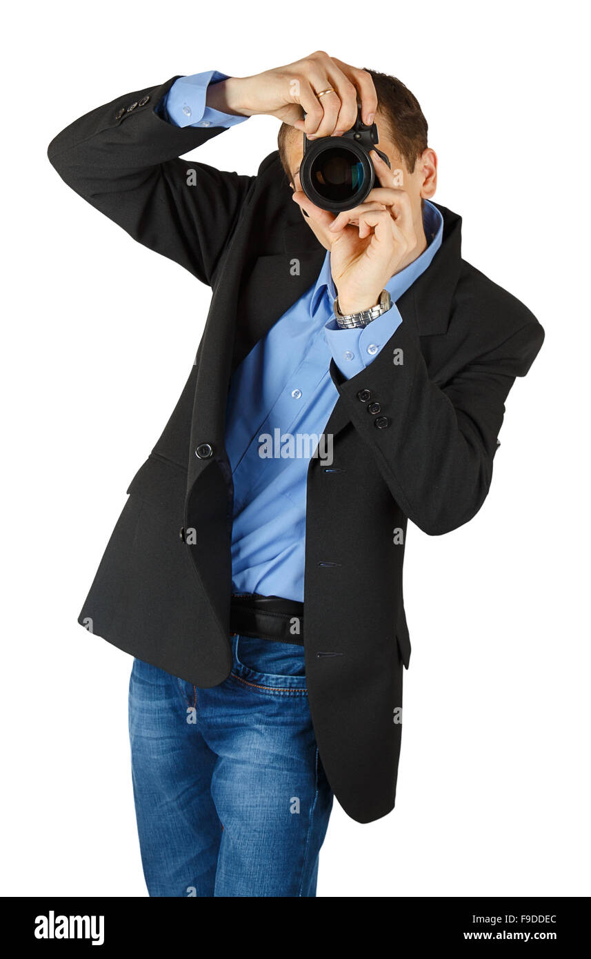 Portrait of young and handsome professional photographer in business ...