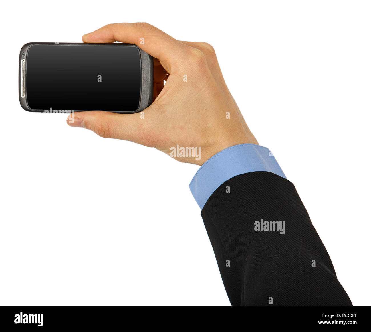 Black mobile phone in male hand isolated on white background Stock ...