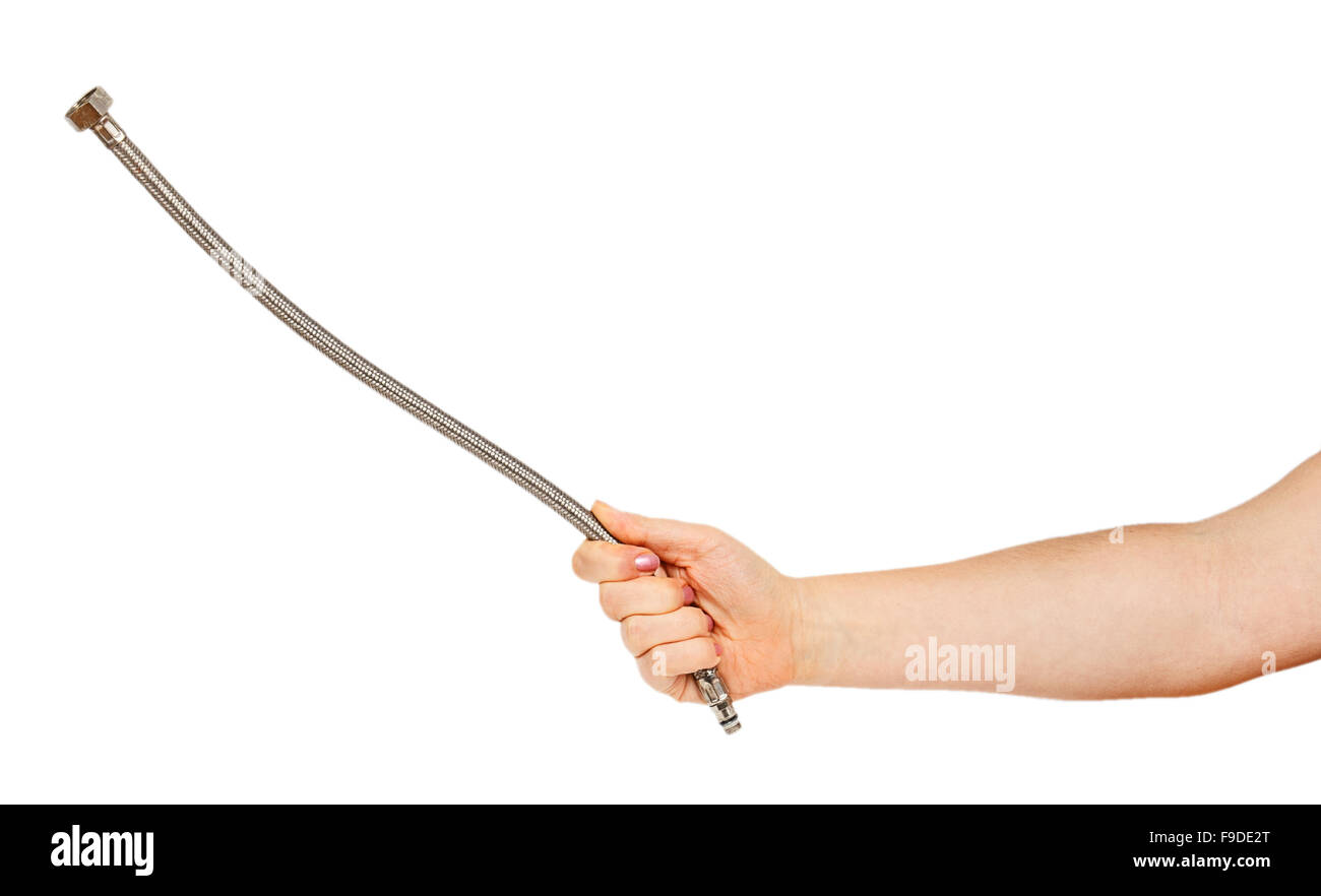 Flexible hose is in a female hand isolated on white background Stock ...