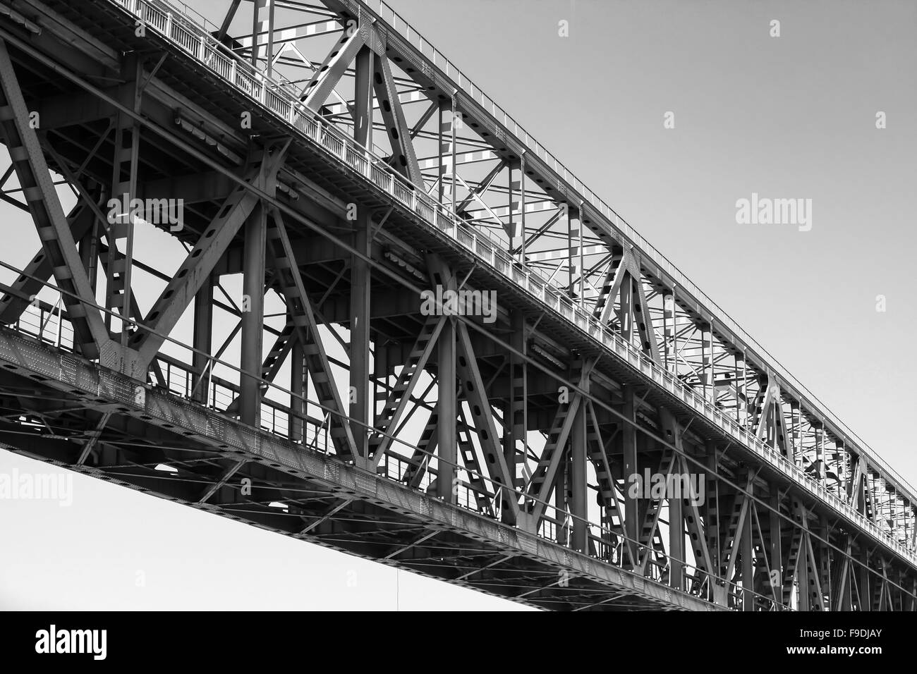 Steel truss bridge construction fragment with two levels of ...