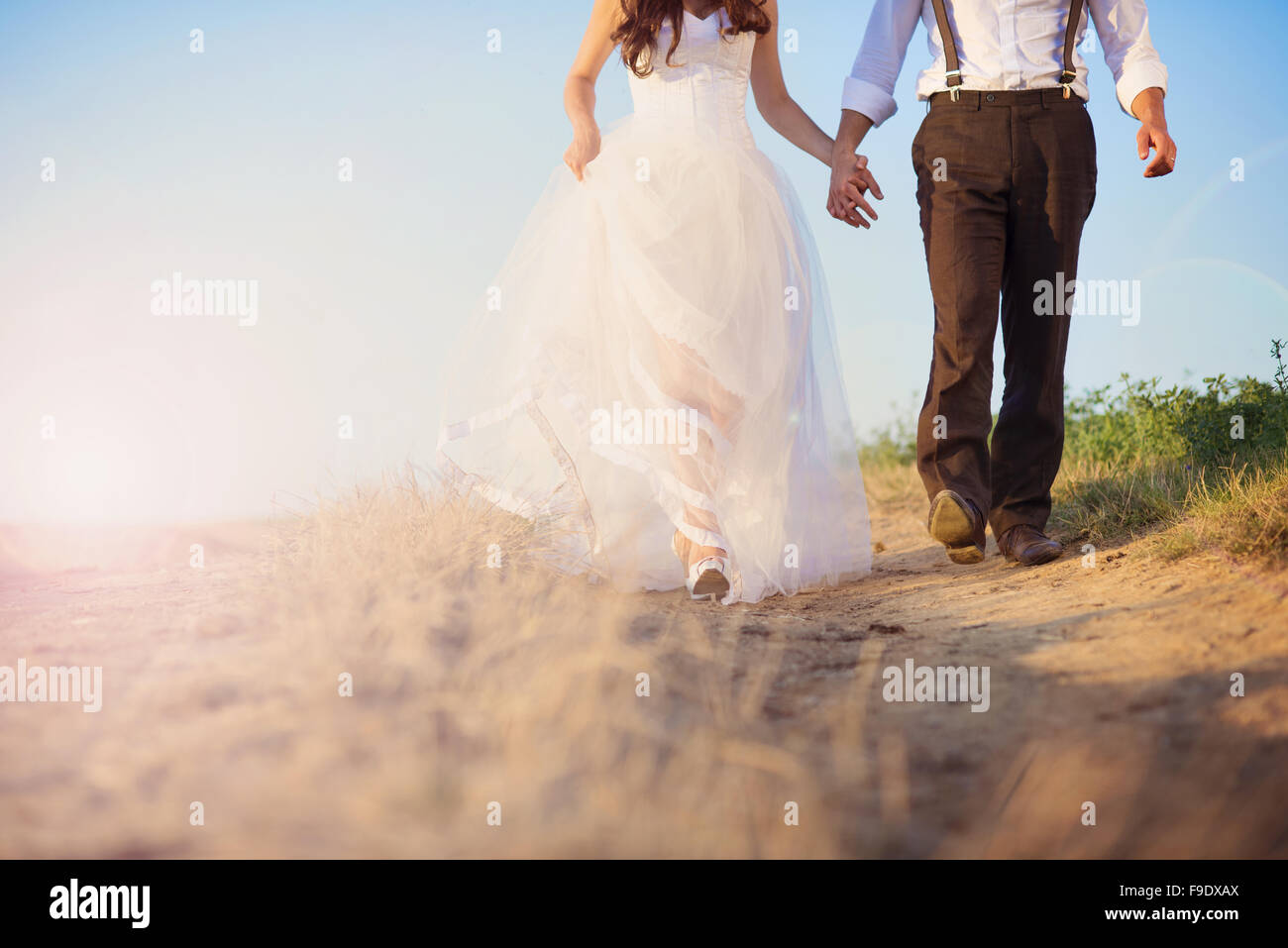 Bride and groom walk in summer nature Stock Photo - Alamy