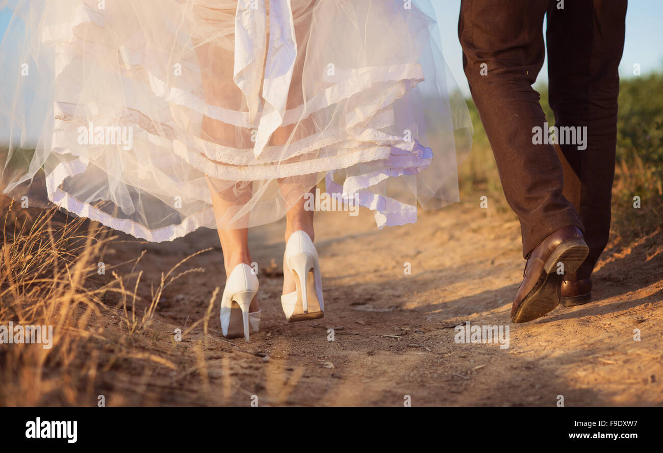 Bride and groom walk in summer nature Stock Photo - Alamy