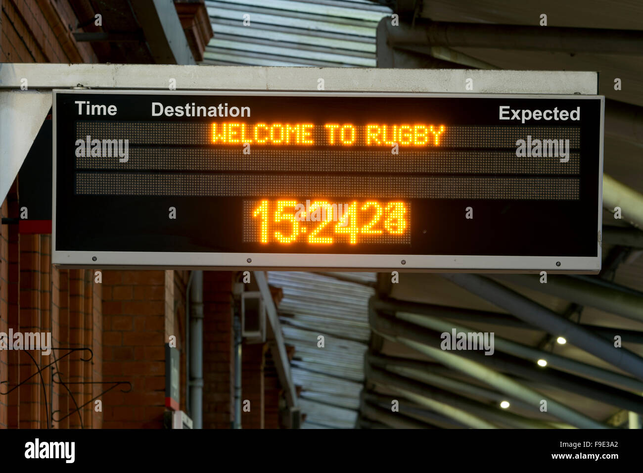 Welcome to Rugby on illuminated sign at Rugby railway station ...