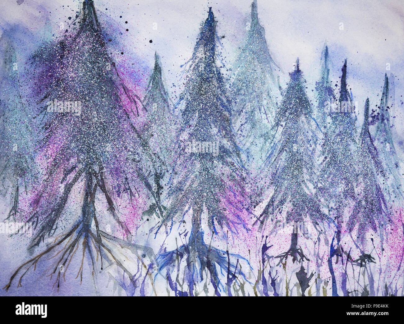 Forest of pine trees in fantasy snow Stock Photo - Alamy