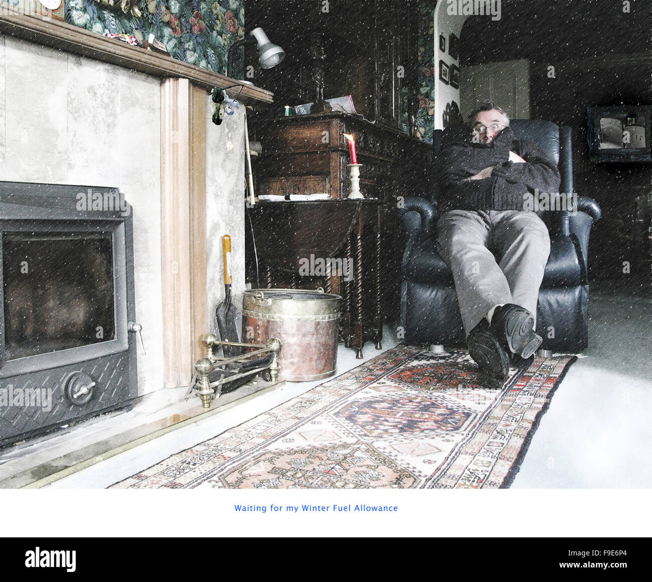 Waiting for my Winter Fuel Allowance. Man freezing in own house Stock ...