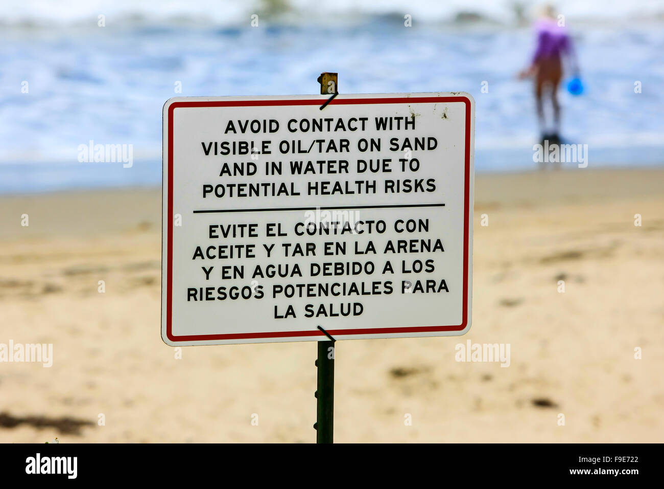 Due to an oil spill from an offshore oil platform, signs notifying ...