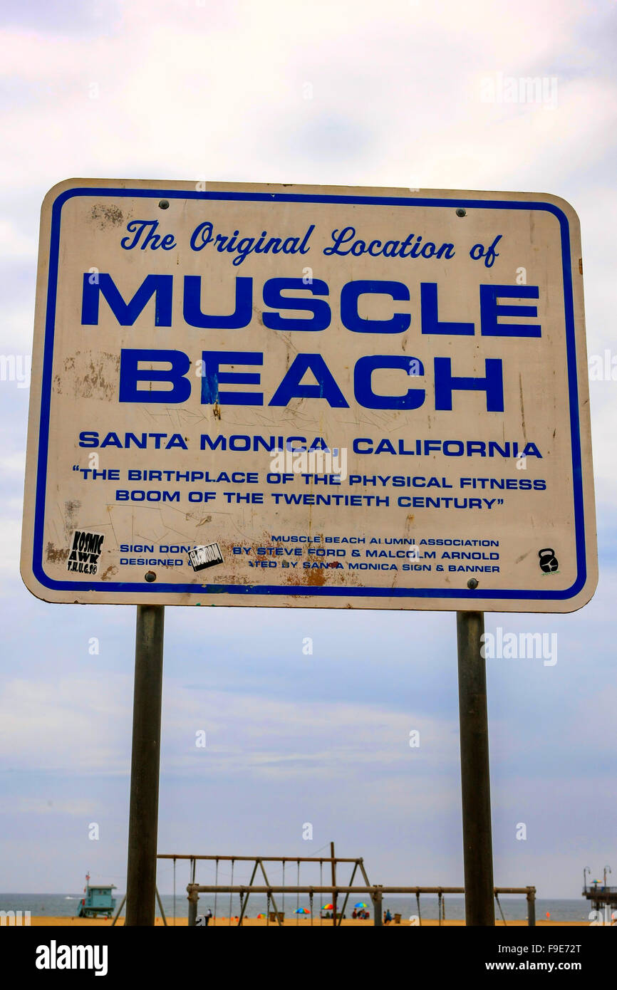 Sign on Santa Monica beach marking the original site of Muscle beach in ...