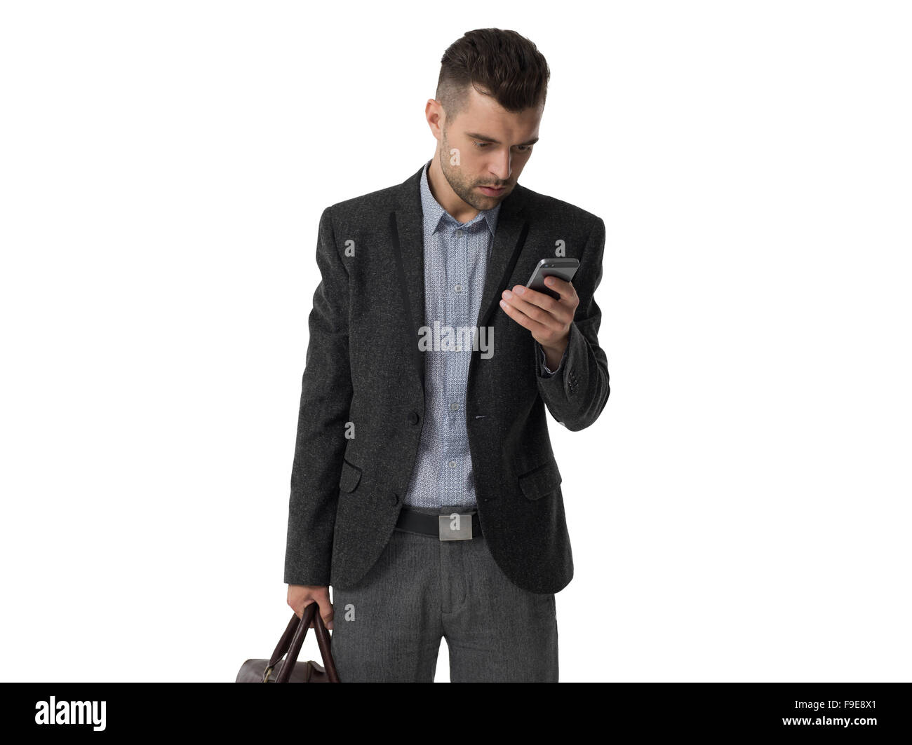 Businessman texting sms by smartphone portrait isolated on white ...