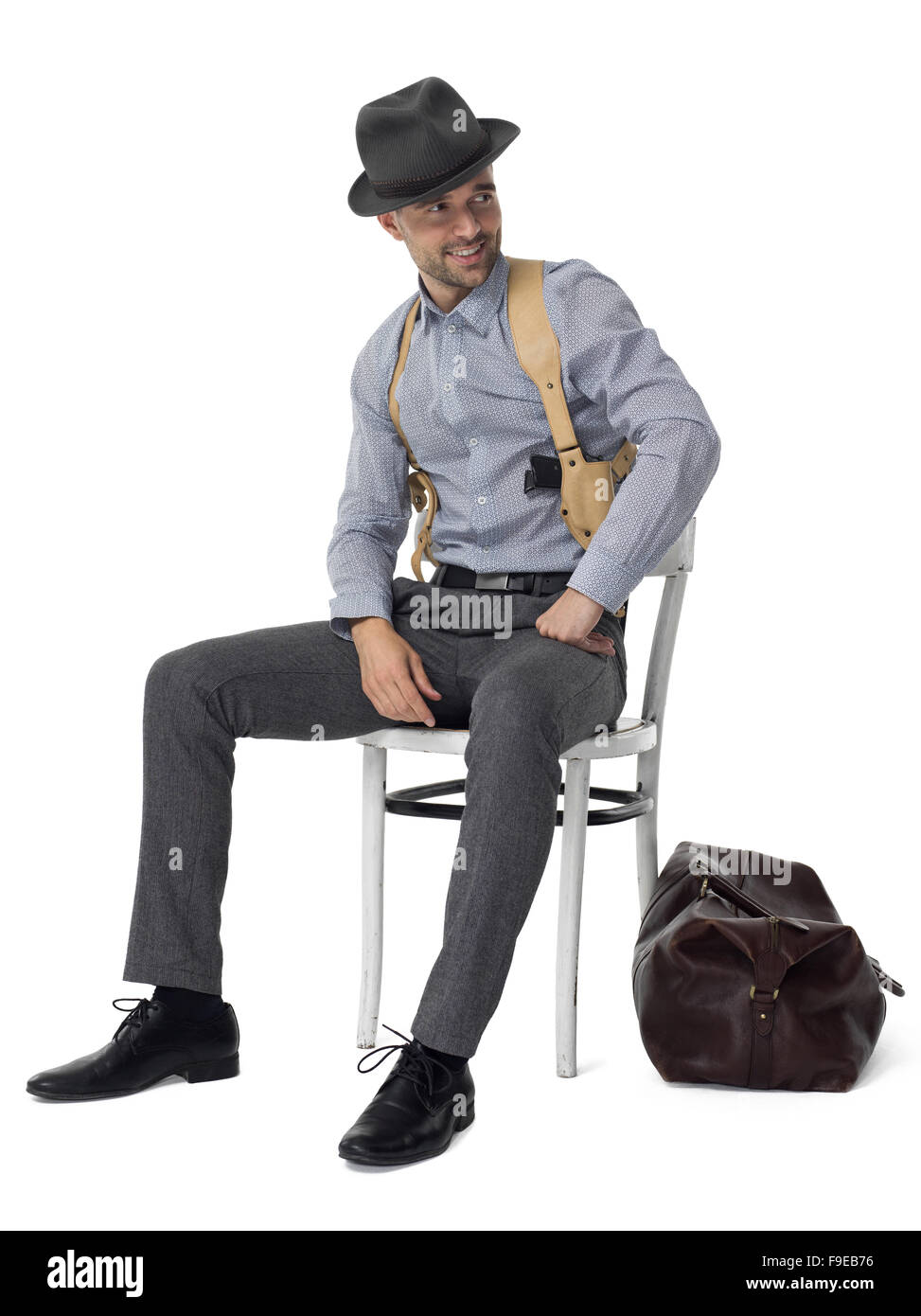 Businessman after bank robbery portrait isolated on white background ...