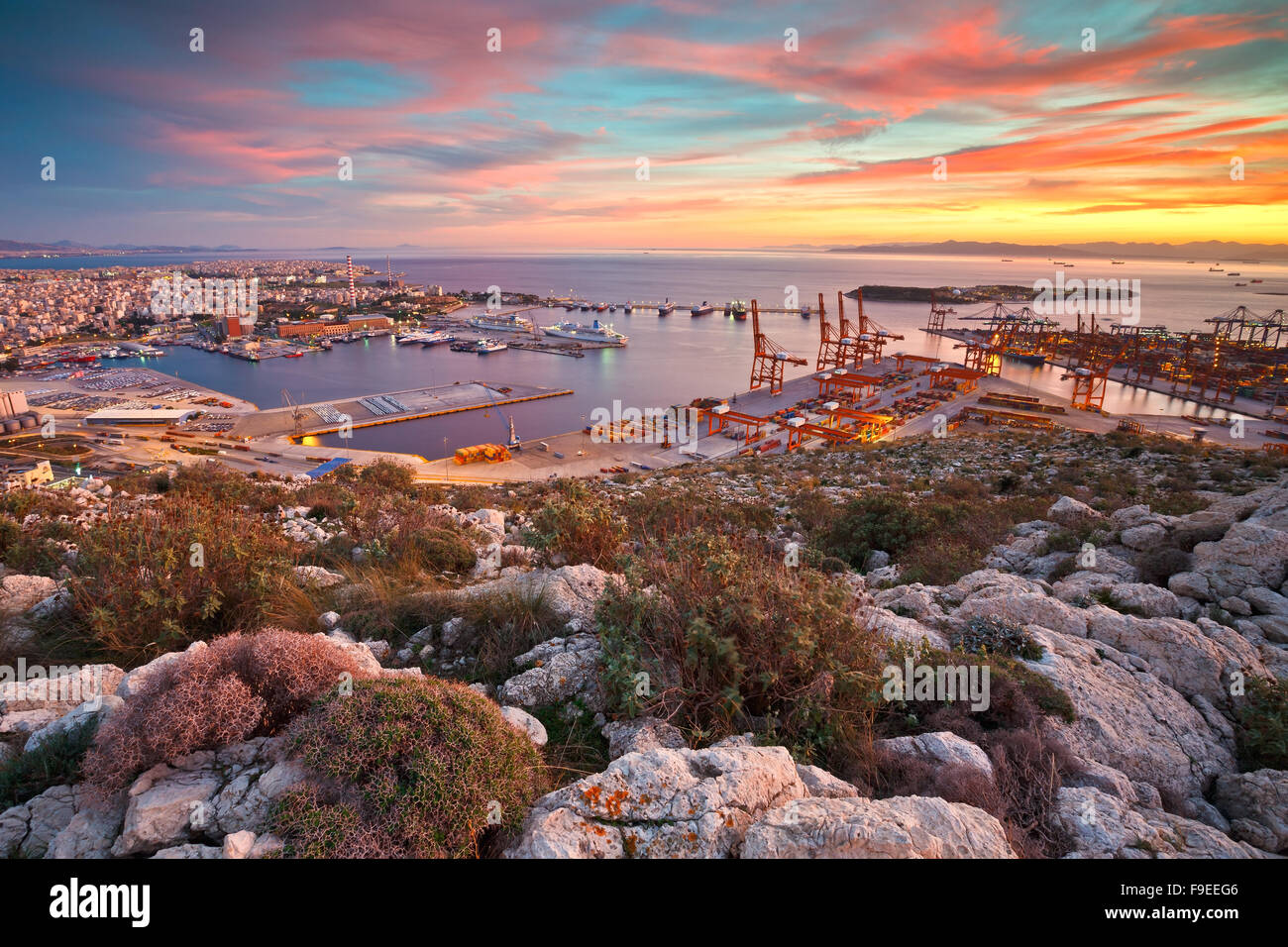View of Piraeus harbour in Athens from the foothills of Aegaleo ...