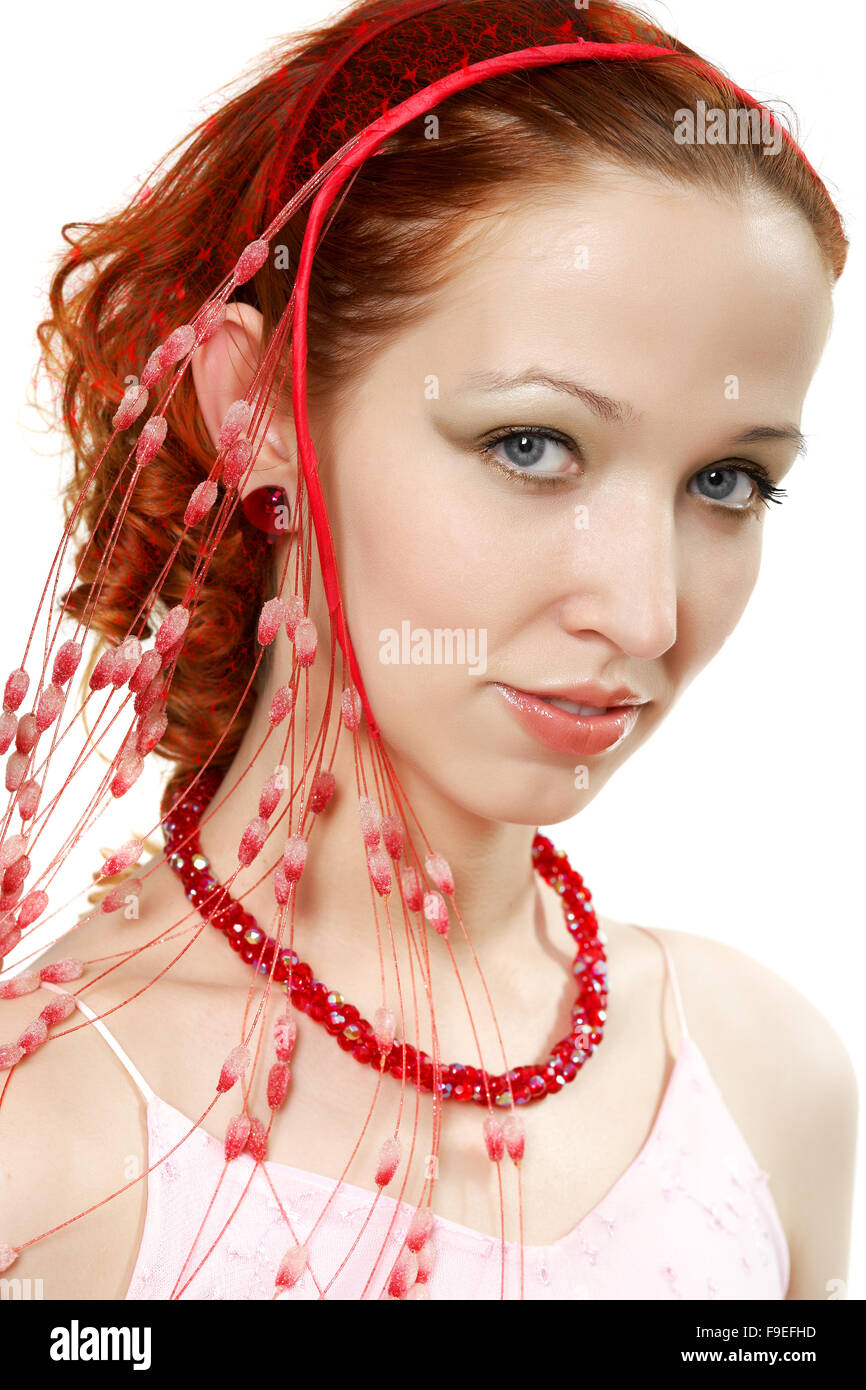 Young Woman with Beads in Hair Stock Photo - Alamy