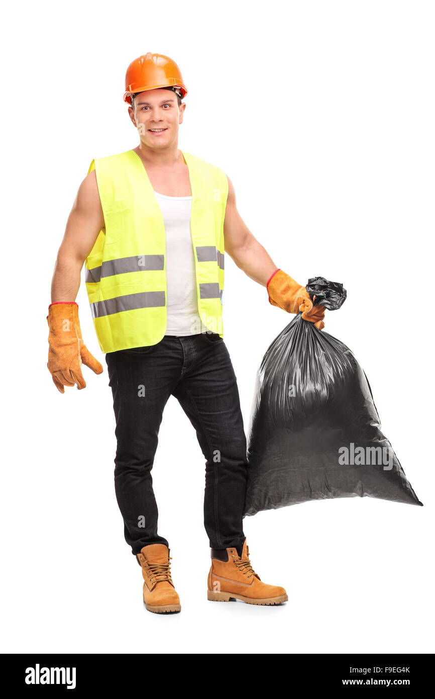 Full length portrait of a young male waste collector holding a garbage ...