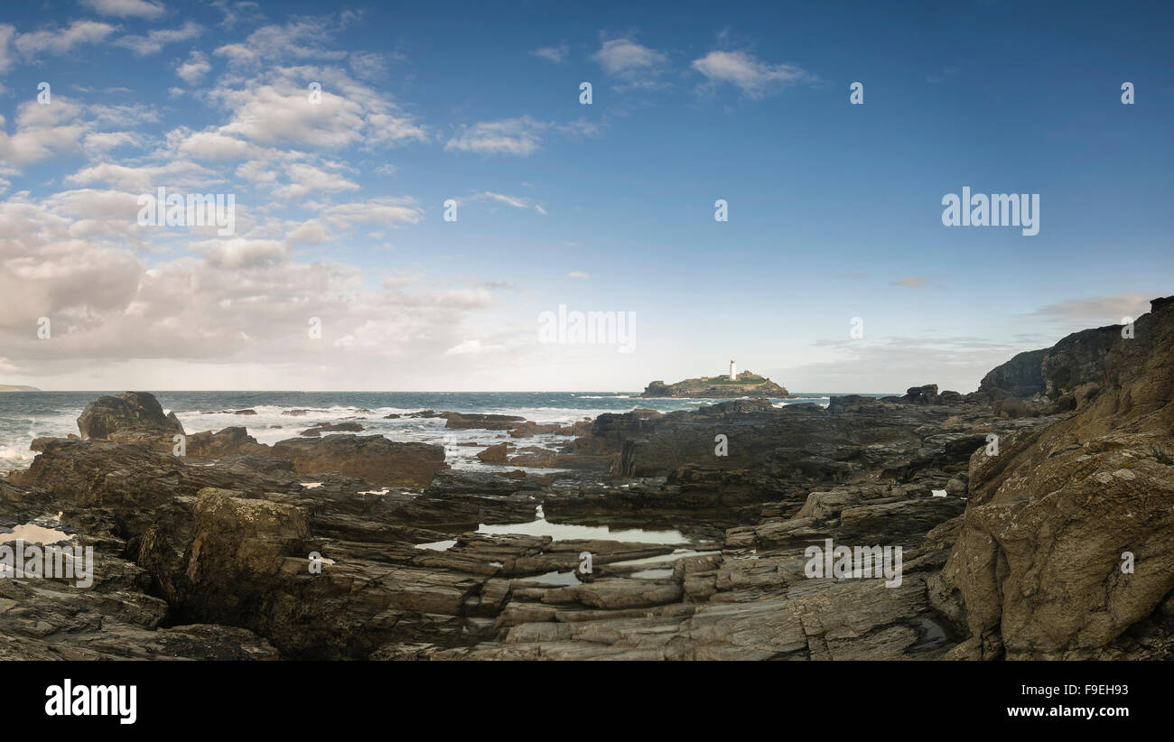 Stunning sunrise landscape of Godrevy lighthouse on Cornwall coastline ...