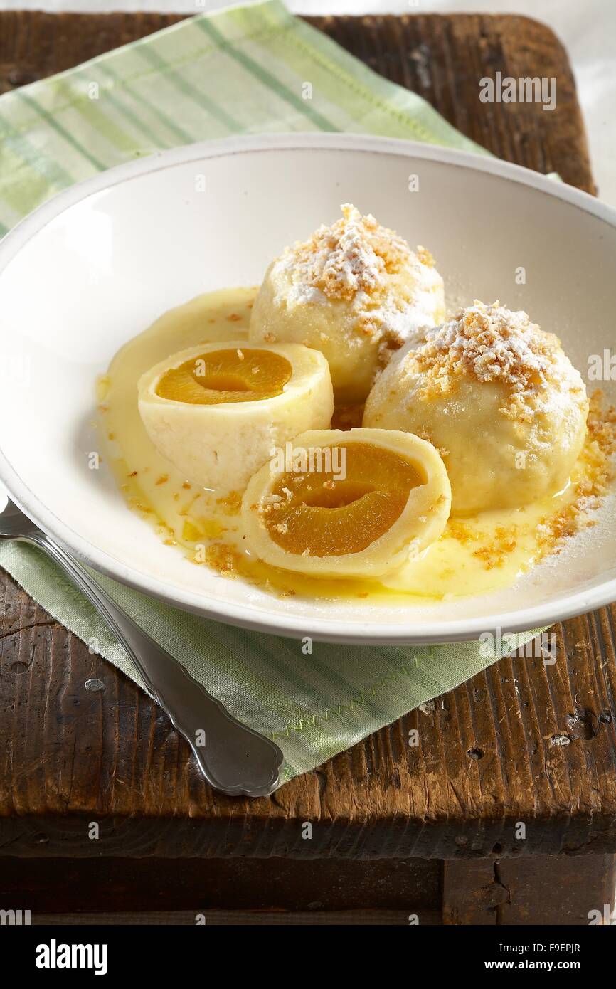 Curd Dumpling with Apricots and Vanilla Sauce Stock Photo - Alamy