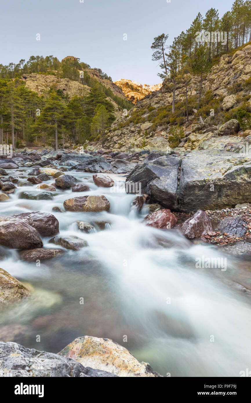Slow shutter image of the Asco river as it passes though the Asco ...