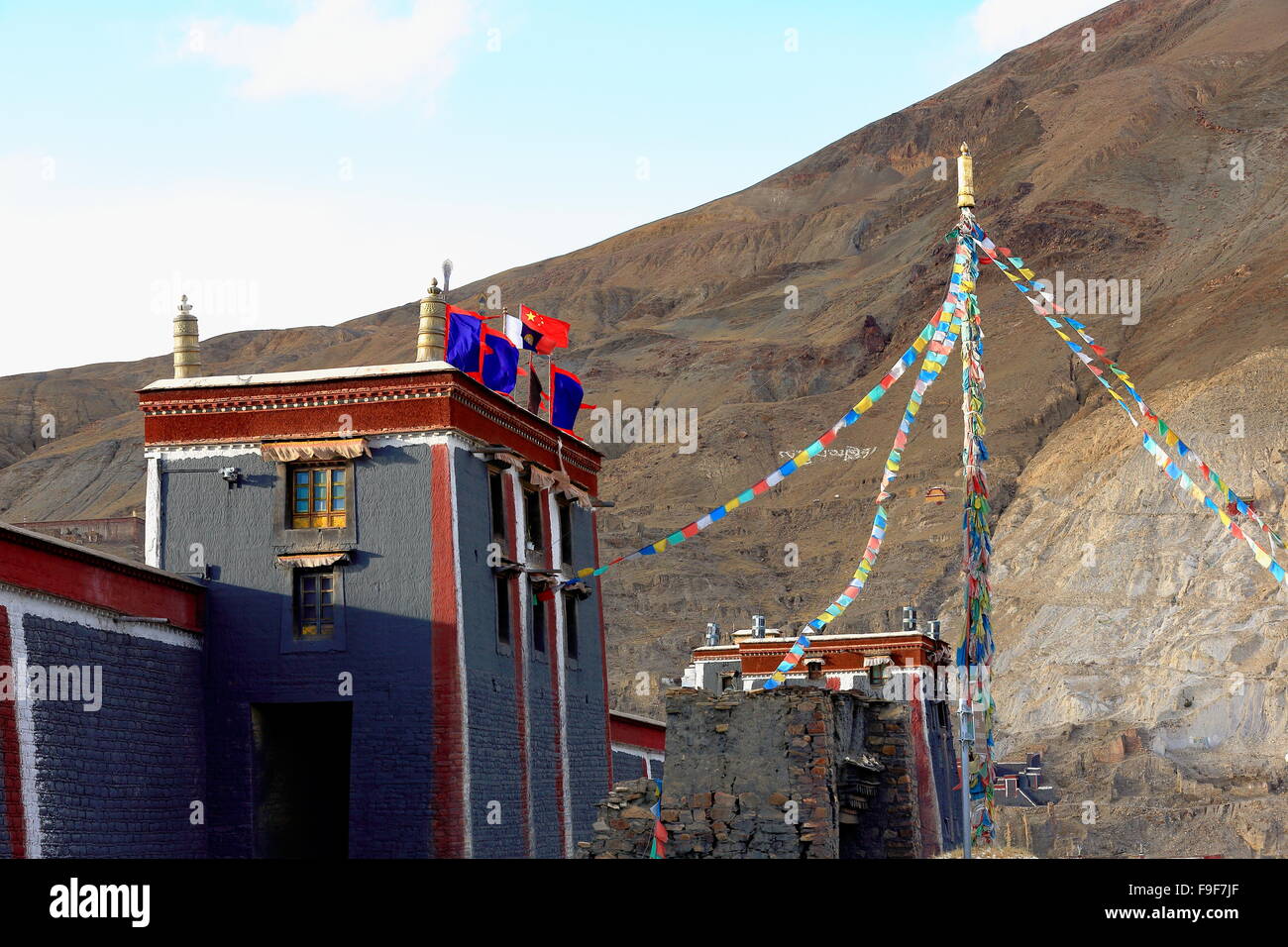 Big prayer flag pole at the eastern entry to the S.Seat of Sakya-Grey ...