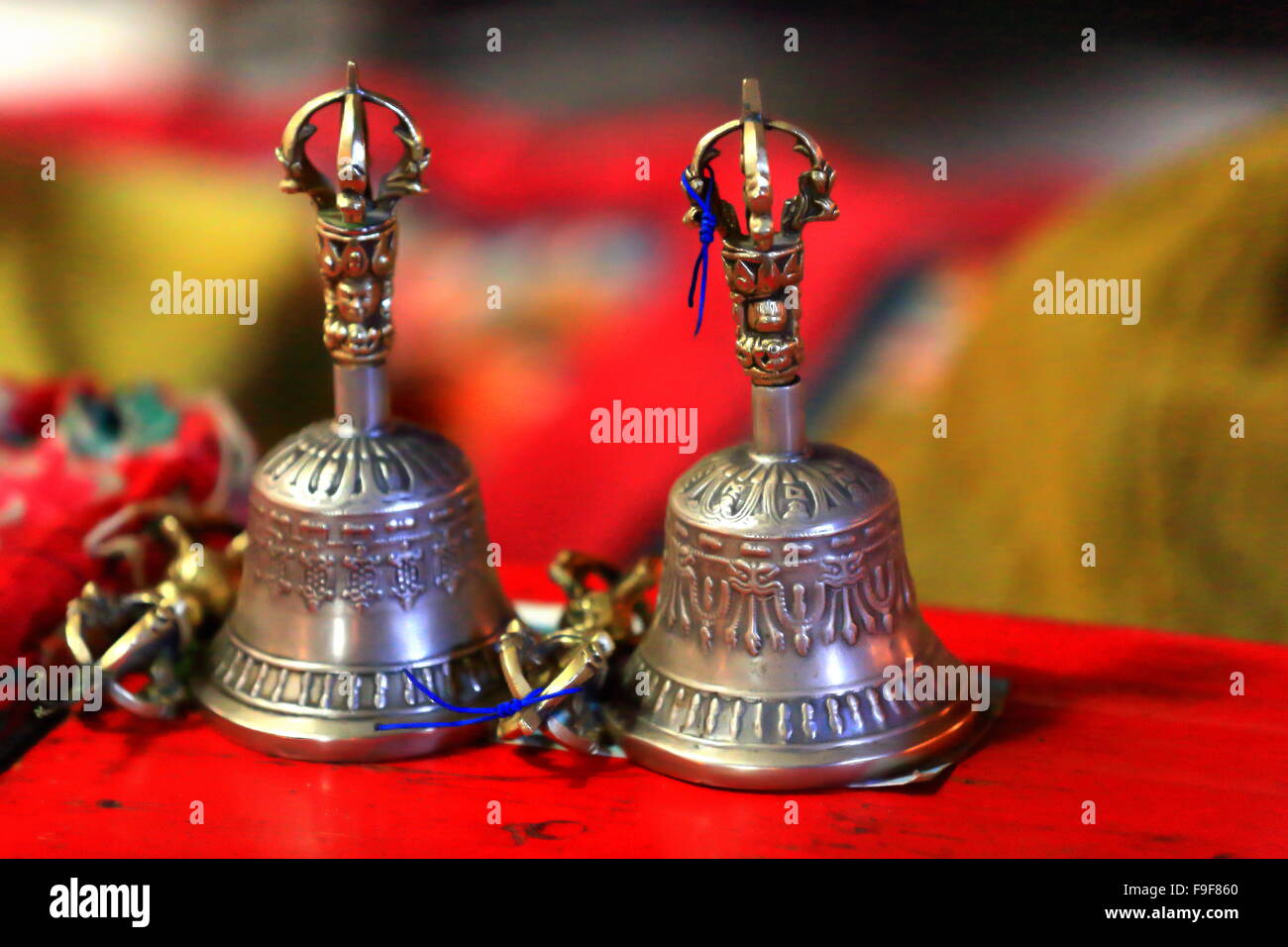 Tibetan buddhist silvery handbells-brass handles. Nunnery on Ponpori ...