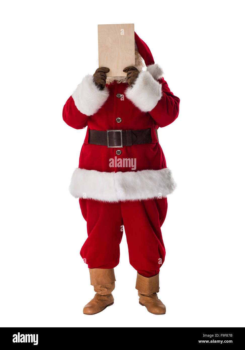 Santa Claus Portrait hiding his face behind blank sign Isolated on ...