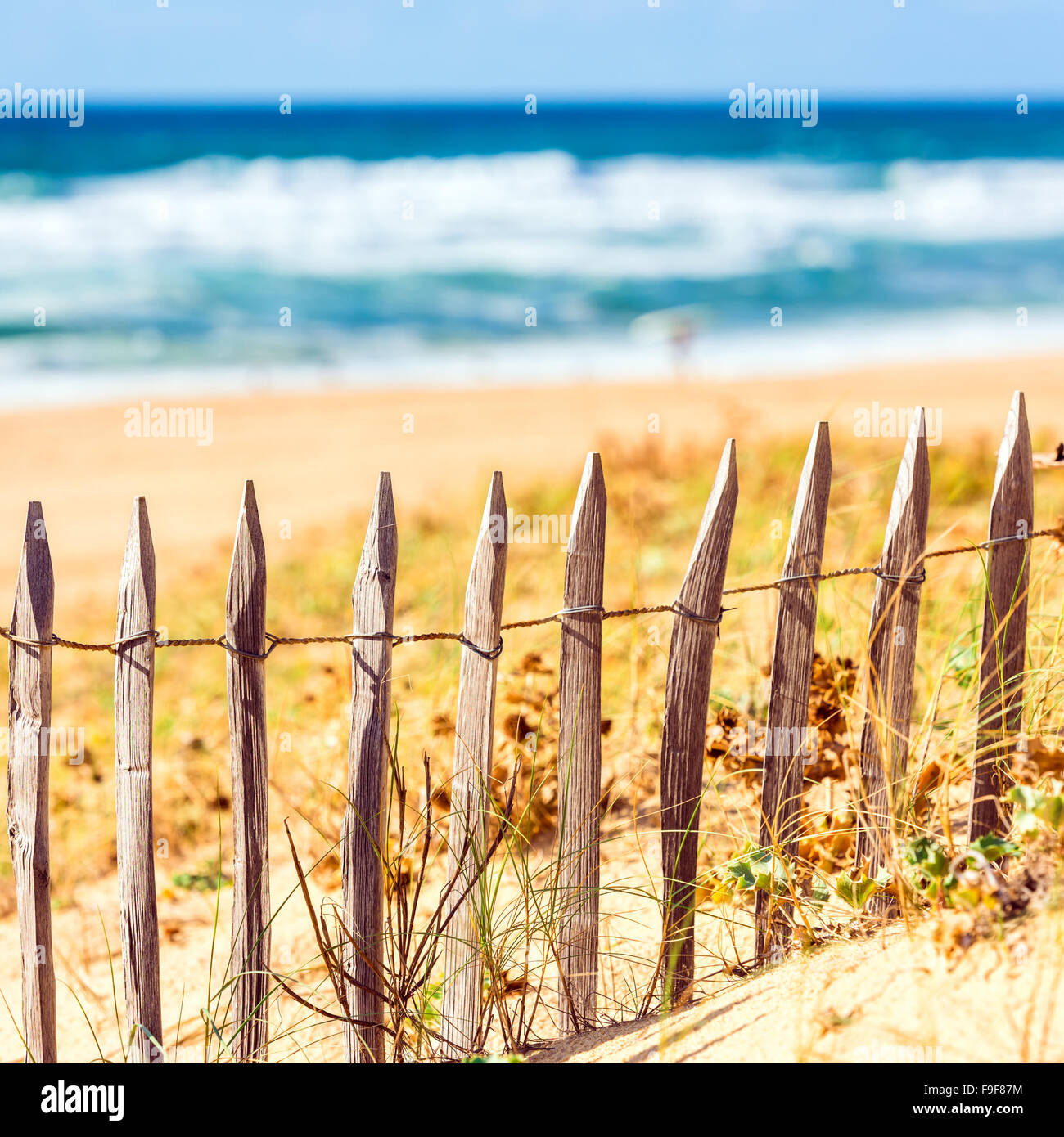 Wooden fence on an Atlantic beach in France, The Gironde Department ...