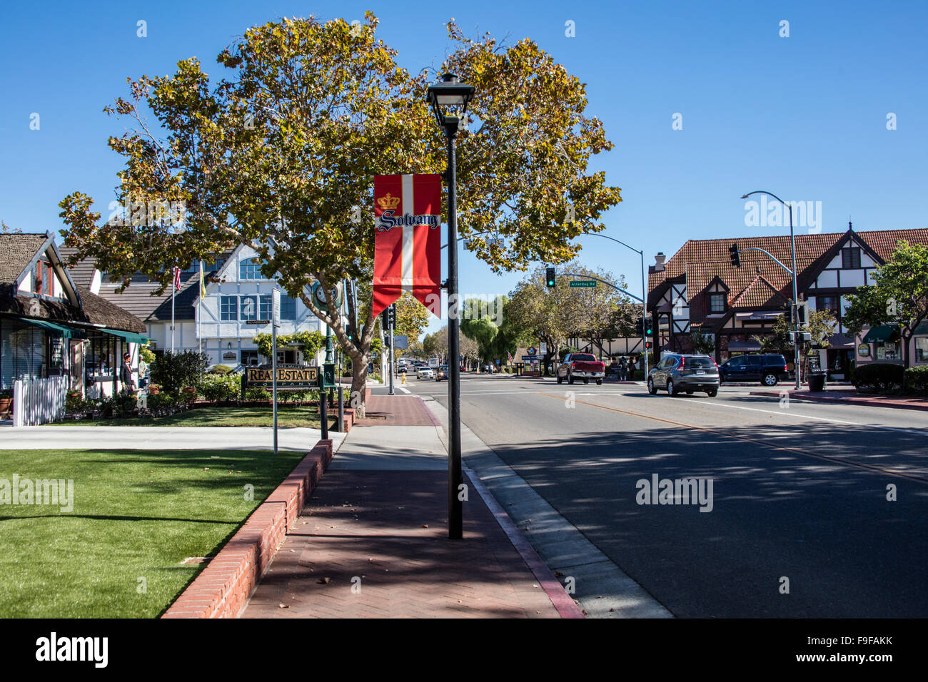 Solvang flag on lampost, Mission Drive, Solvang, Ynez Valley, Santa ...