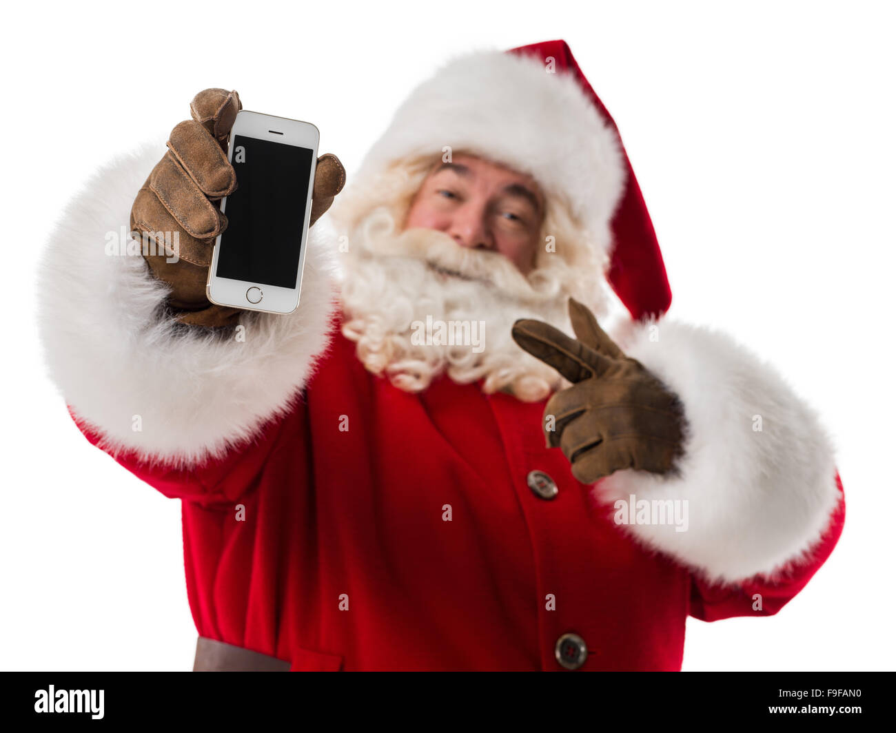 Santa Claus calling phone Portrait Isolated on White Background Stock ...