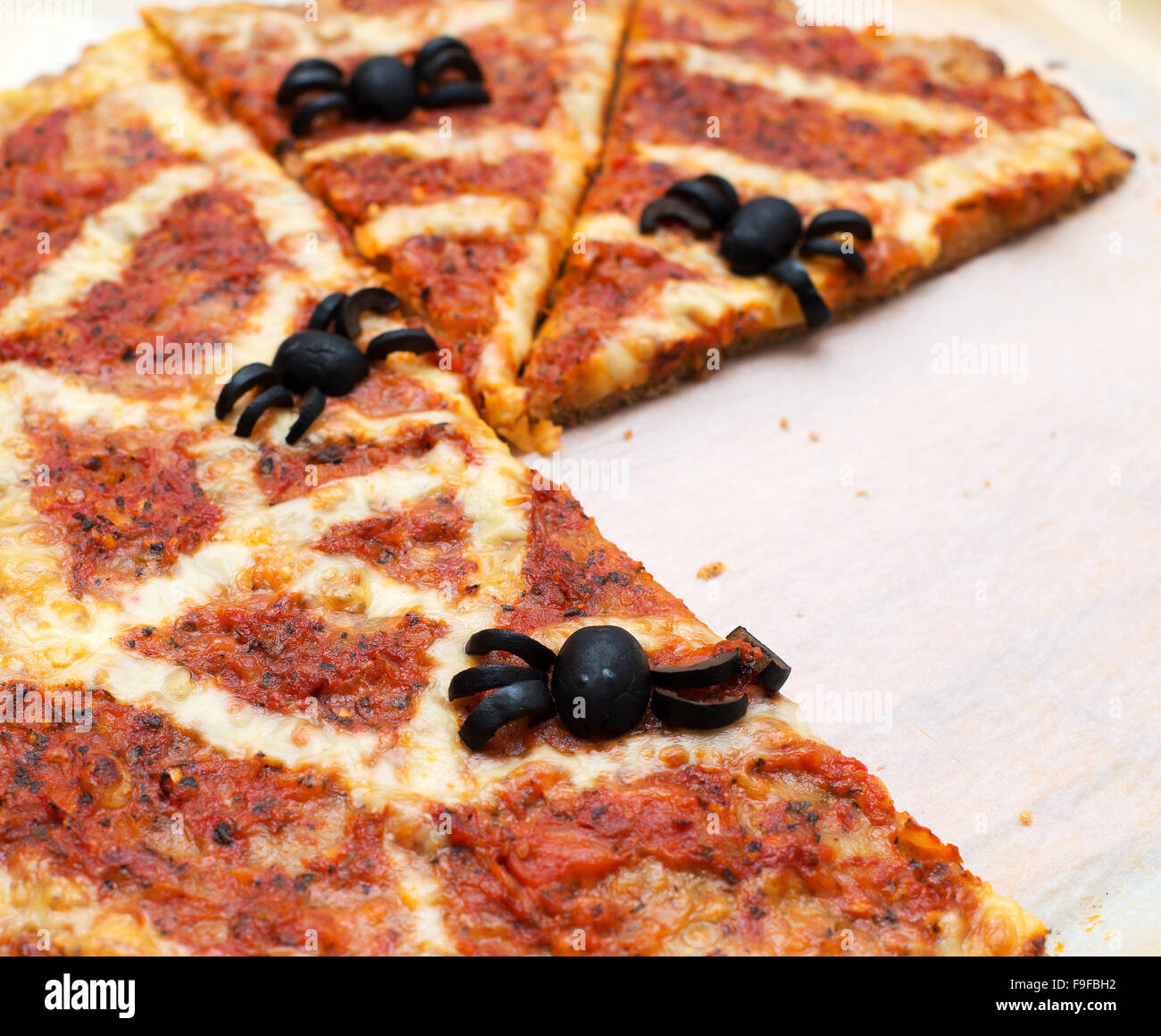 Ideas for Halloween. Pizza with olives spiders Stock Photo - Alamy