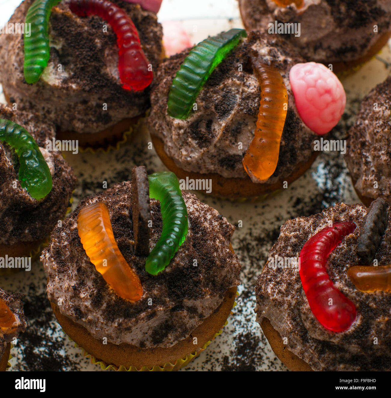 Ideas for Halloween. Cakes with sweet worms Stock Photo - Alamy