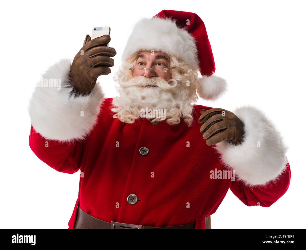 Santa Claus calling phone Portrait Isolated on White Background Stock ...