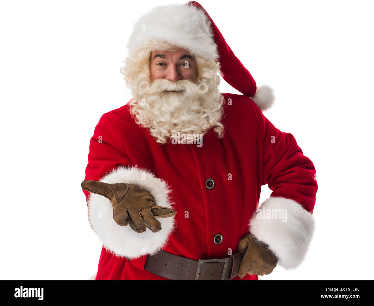 Santa Claus showing open hand to camera. Portrait Isolated on White ...