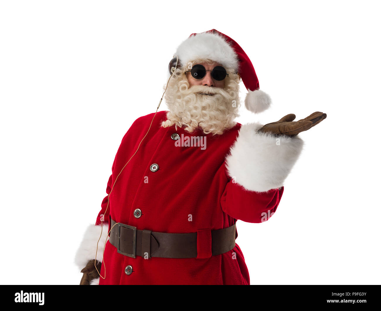 Santa Claus listening music and presenting something. Portrait Isolated ...