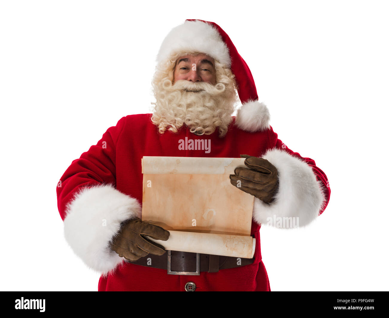 Santa Claus holding old scroll. Portrait Isolated on White Background ...
