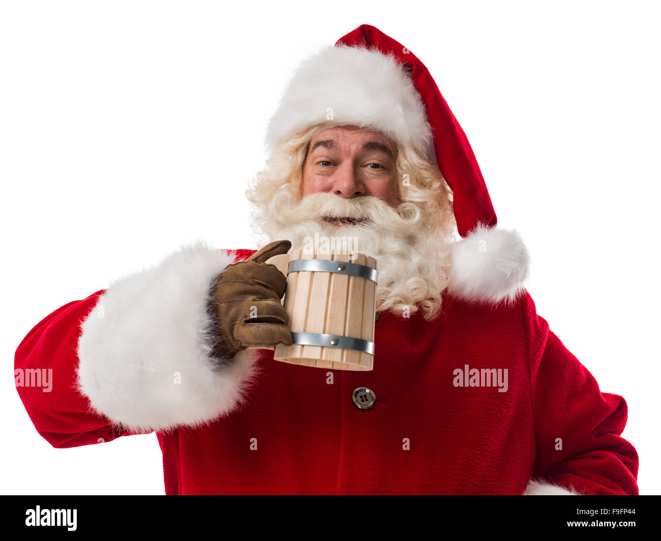 Santa Claus drinking beer from wooden cup. Portrait Isolated on White ...