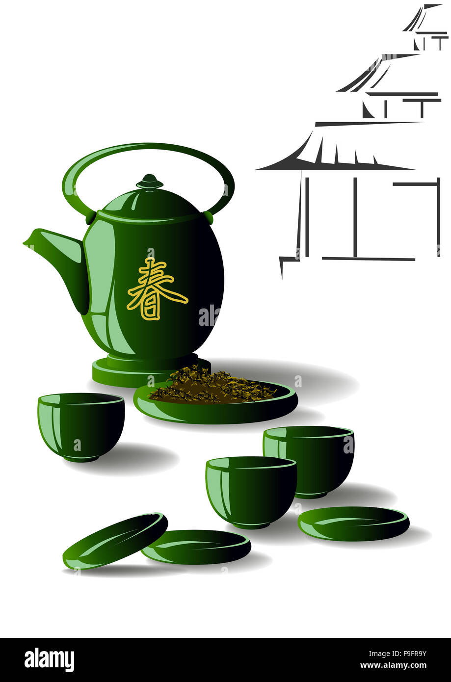 Green tea. Teapot with cups and saucers Stock Photo - Alamy