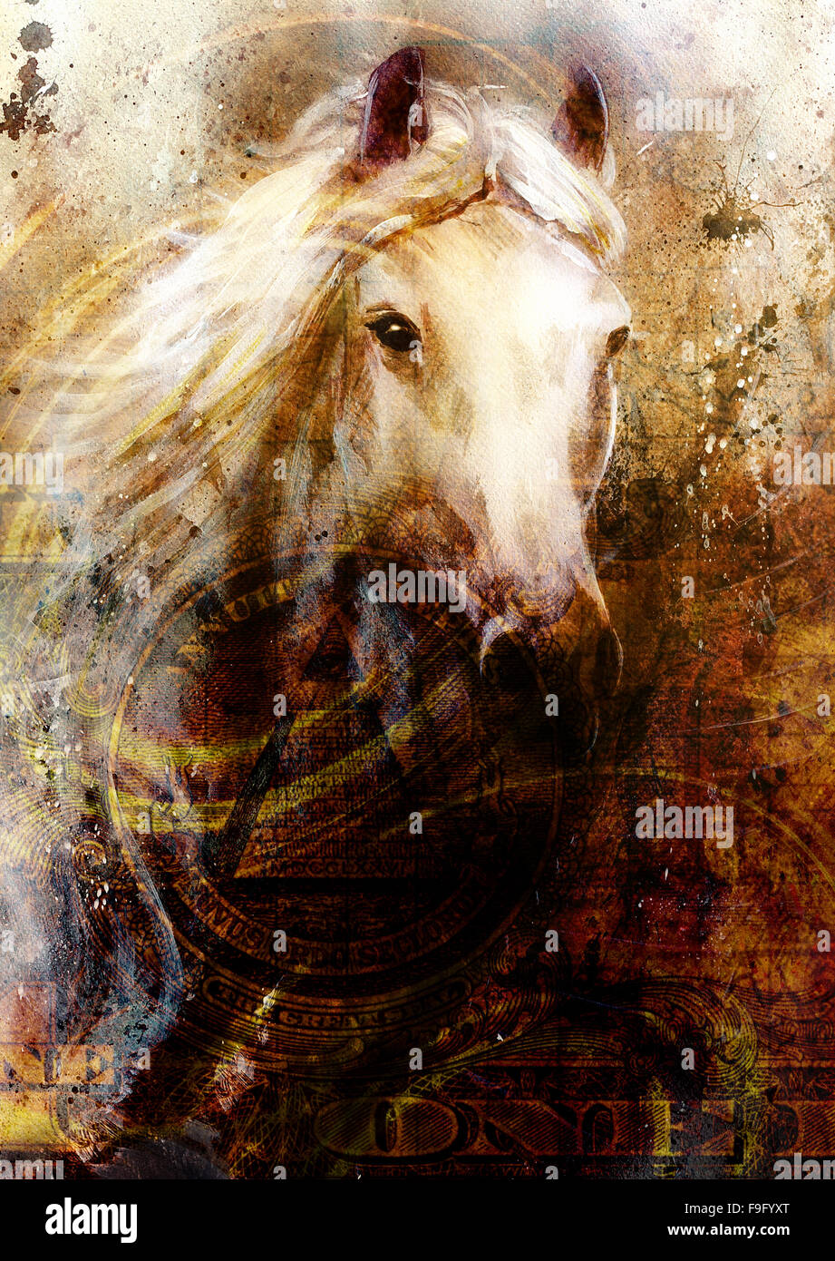 Horse heads, abstract ocre background, with one dollar collage. texture ...
