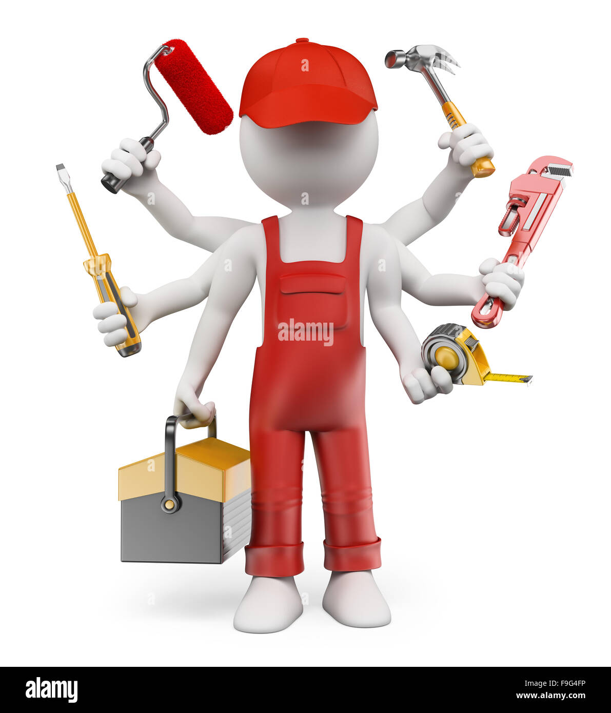 3d white people. Multitasking handyman with screwdriver tool box tape ...
