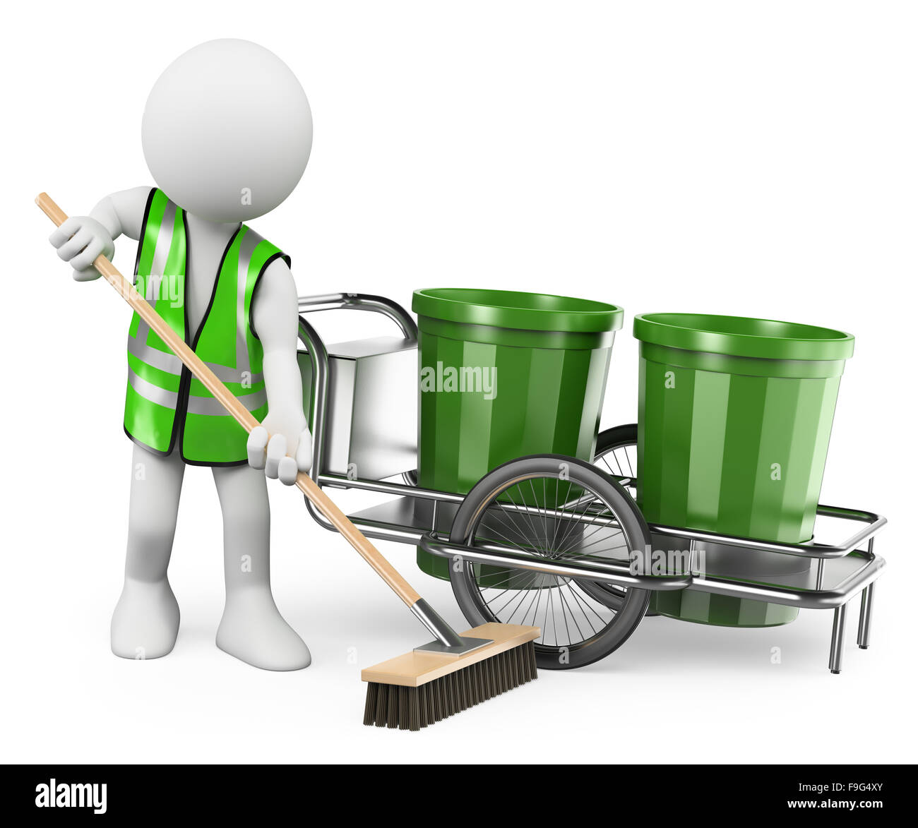3d white people. Sweeper working with his broom. Isolated white ...