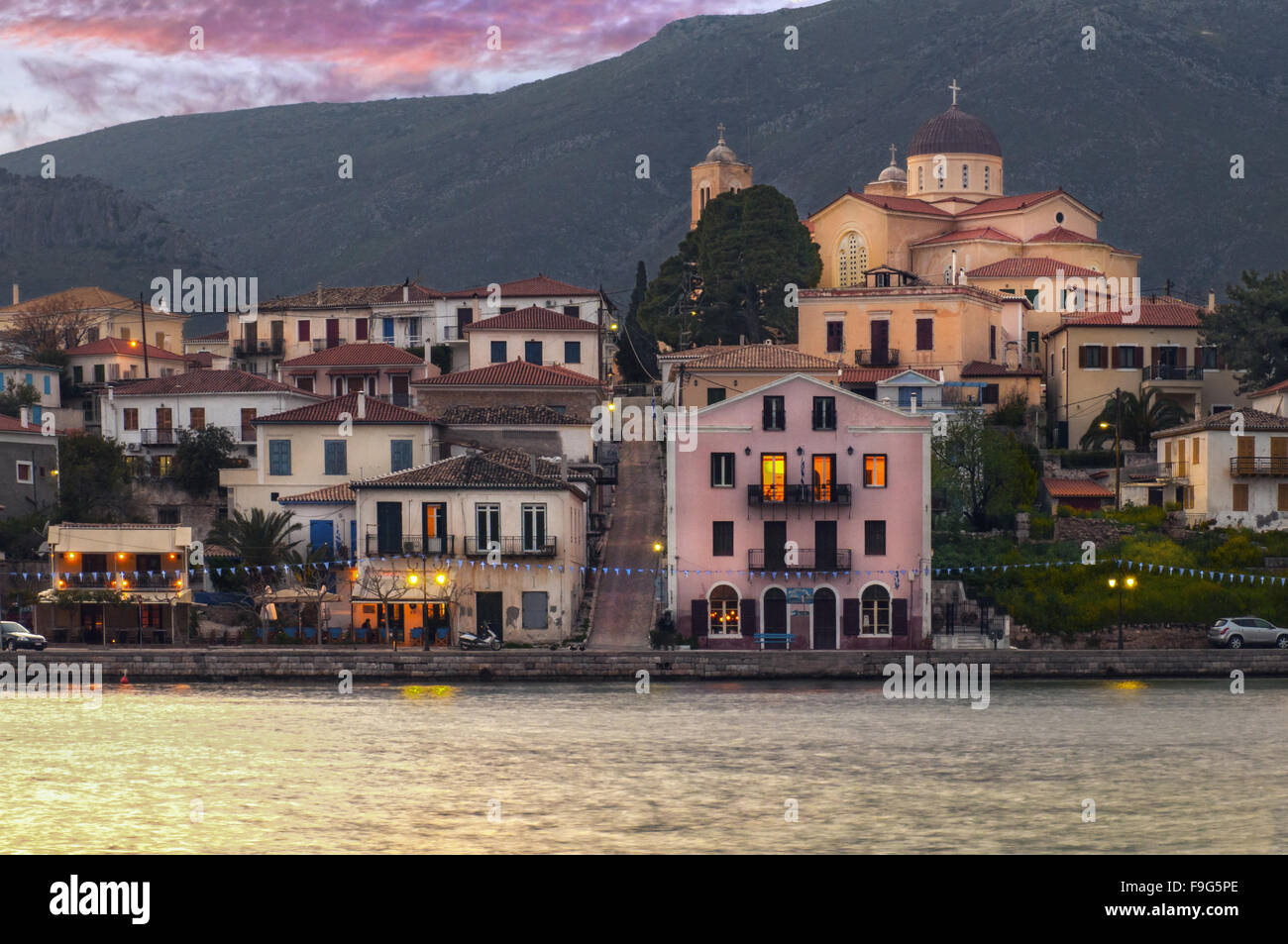 Close view to Galaxidi traditional town at sunset, in Fokida region, in ...