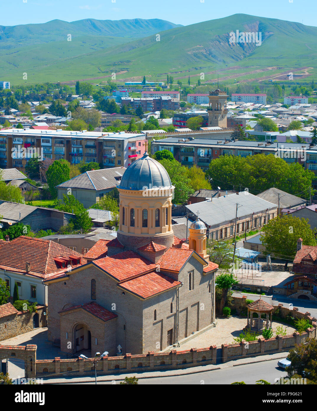 Top view of Gori with Virgin Mary Cathedral on foreground. Georgia ...