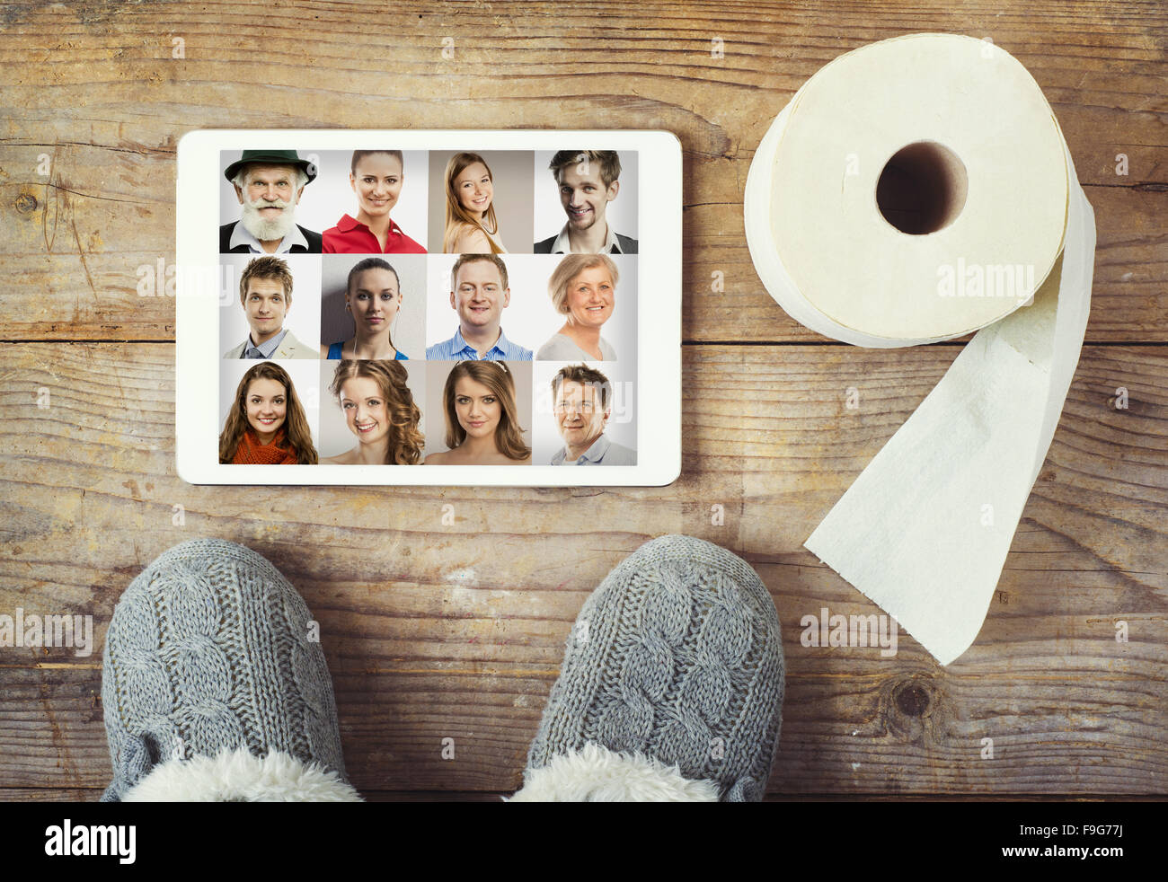 Toilet mix on a wooden floor background. View from above Stock Photo ...