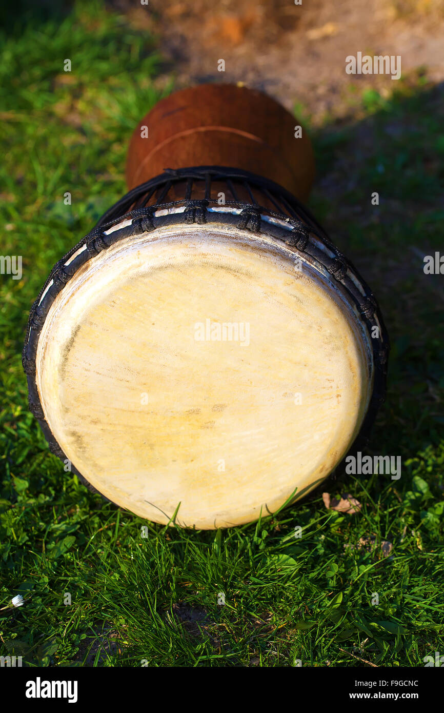 Original african djembe drum with leather lamina, on green in sun light ...
