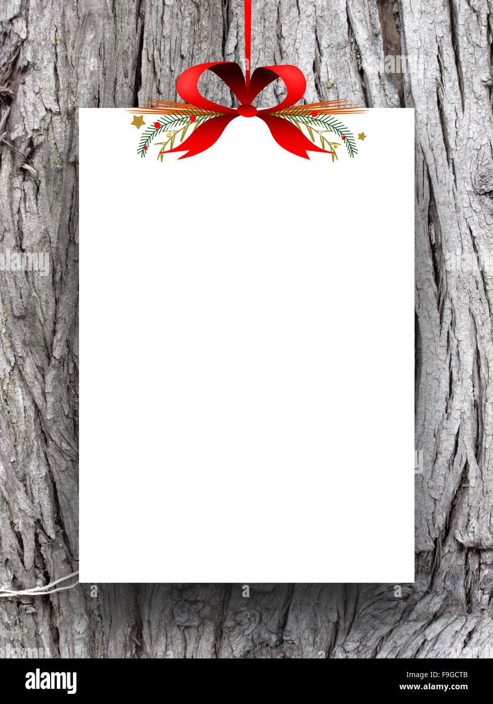 Close-up of Single empty rectangular paper sheet frame with Xmas ribbon ...