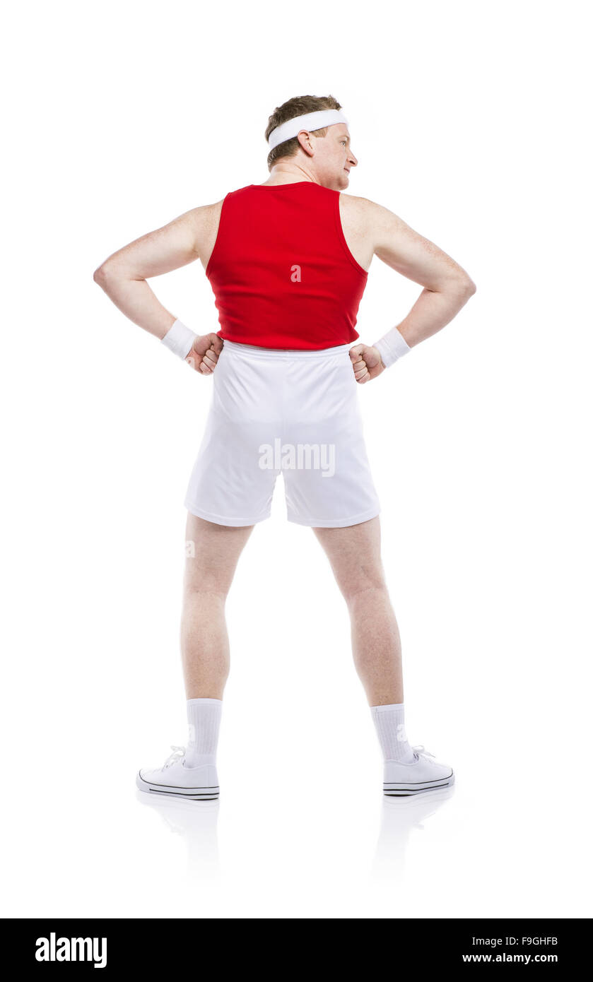 Funny weak body builder tries to exercise. Studio shot on white ...