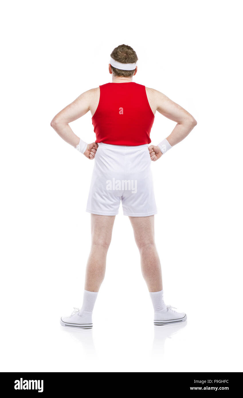 Funny weak body builder tries to exercise. Studio shot on white ...