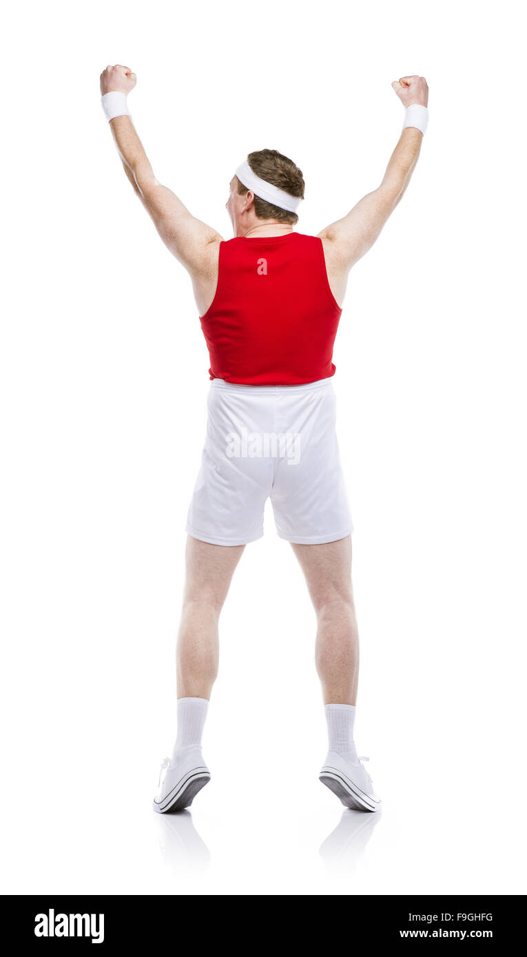 Funny weak body builder tries to exercise. Studio shot on white ...