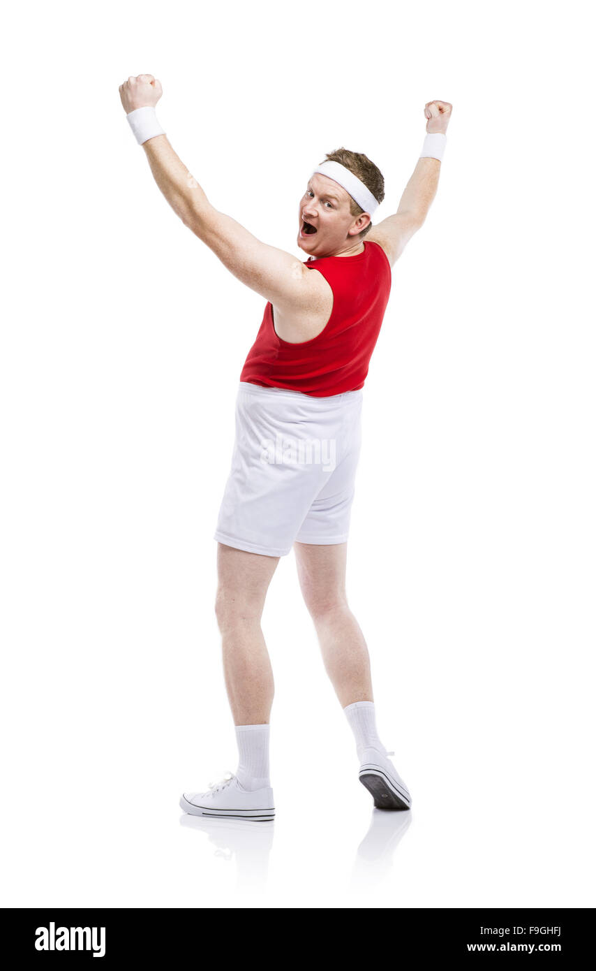 Funny weak body builder tries to exercise. Studio shot on white ...