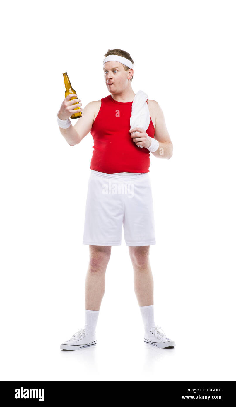 Funny weak body builder tries to exercise. Studio shot on white ...