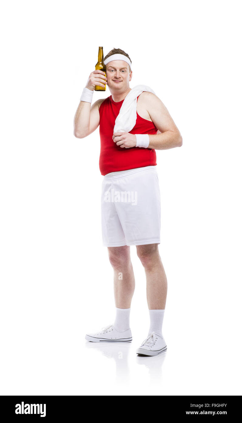Funny weak body builder tries to exercise. Studio shot on white ...