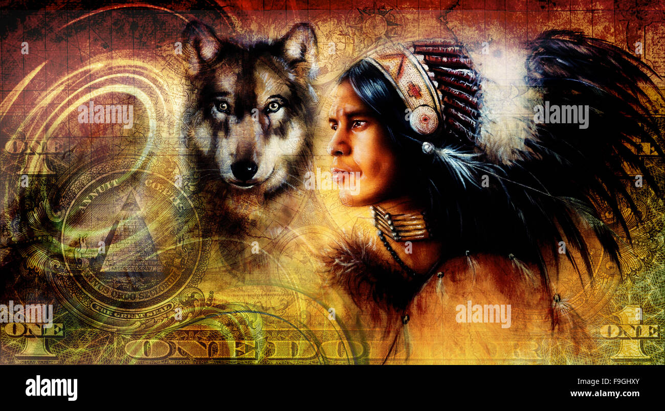 one dollar collage with indian man warrior with wolf, ornament ...