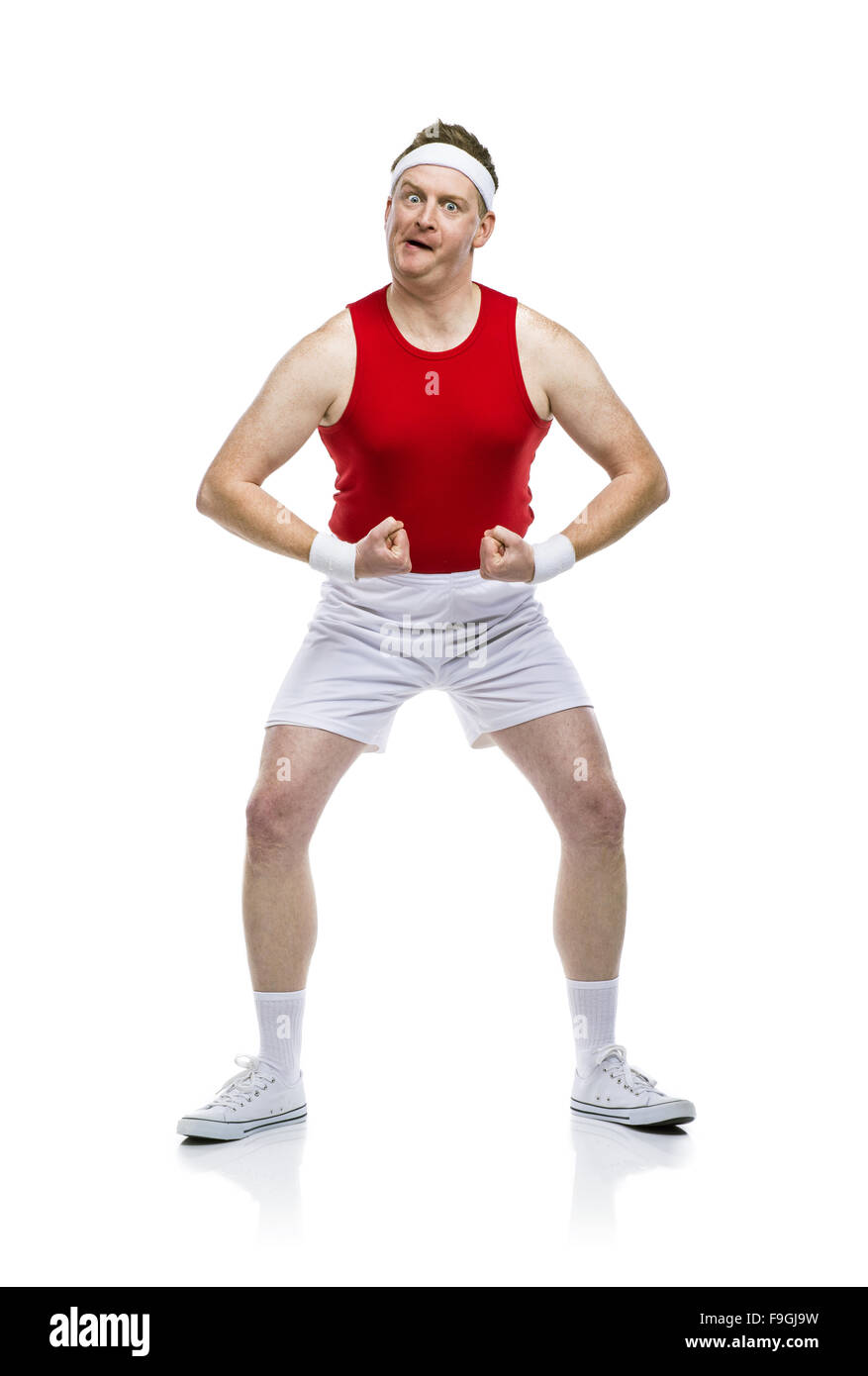 Funny weak sportsman exercising. Studio shot on white background Stock ...