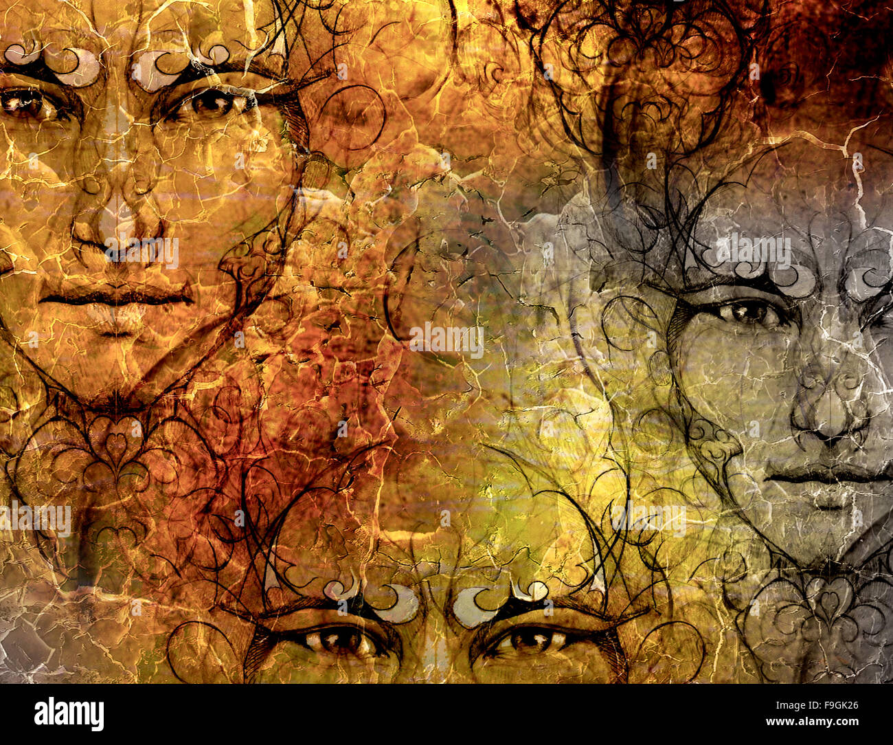 structure background and ornamental mystic face, collage Stock Photo ...